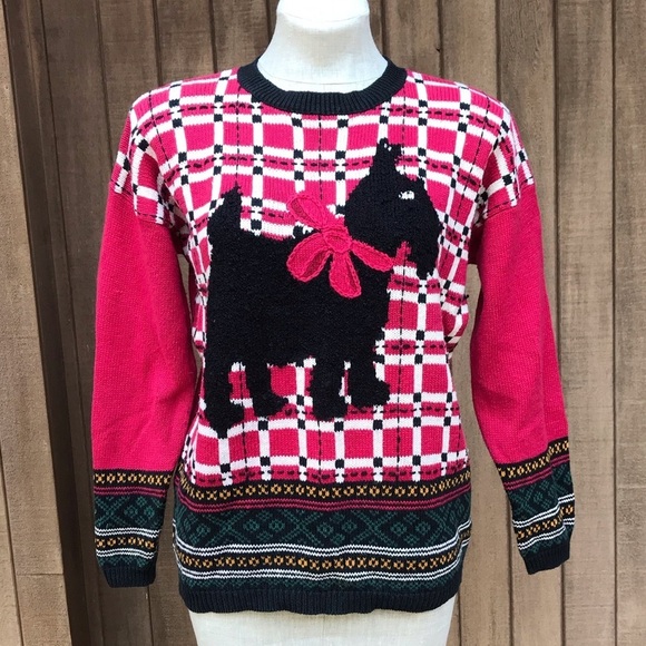 Vintage | Sweaters | Vintage Scotty Dog Knit Sweater Red Check Petite L ...
